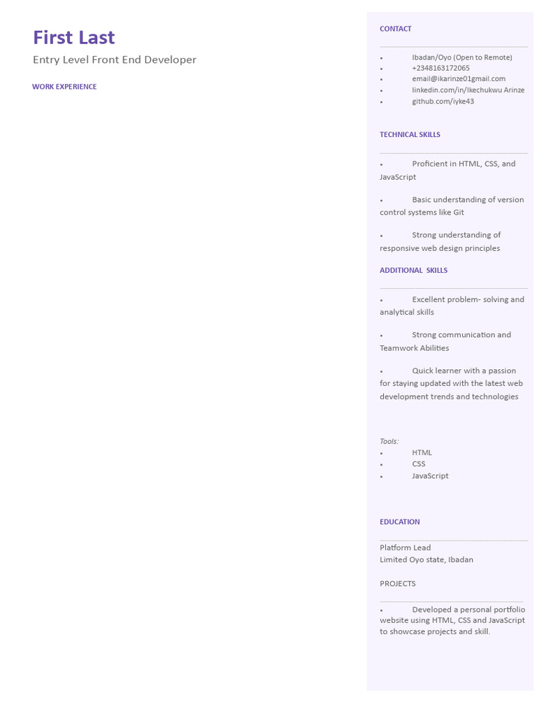 Ikechukwu Entry Level Front End Developer CV | PDF | Human Communication | Cyberspace