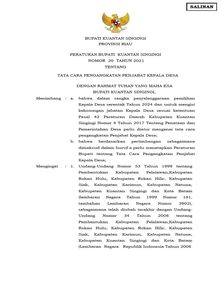 PERBUP Nomor 20 Tahun 2021 Ttg Tata Cara Pengangkatan Penjabat Kepala ...