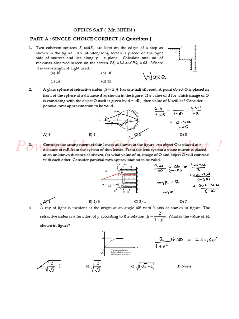 SAT Optics Practice Questions | PDF | Optics | Refraction