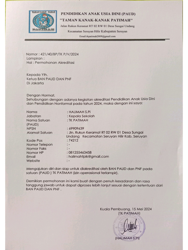 Surat Permohonan TK Patimah | PDF