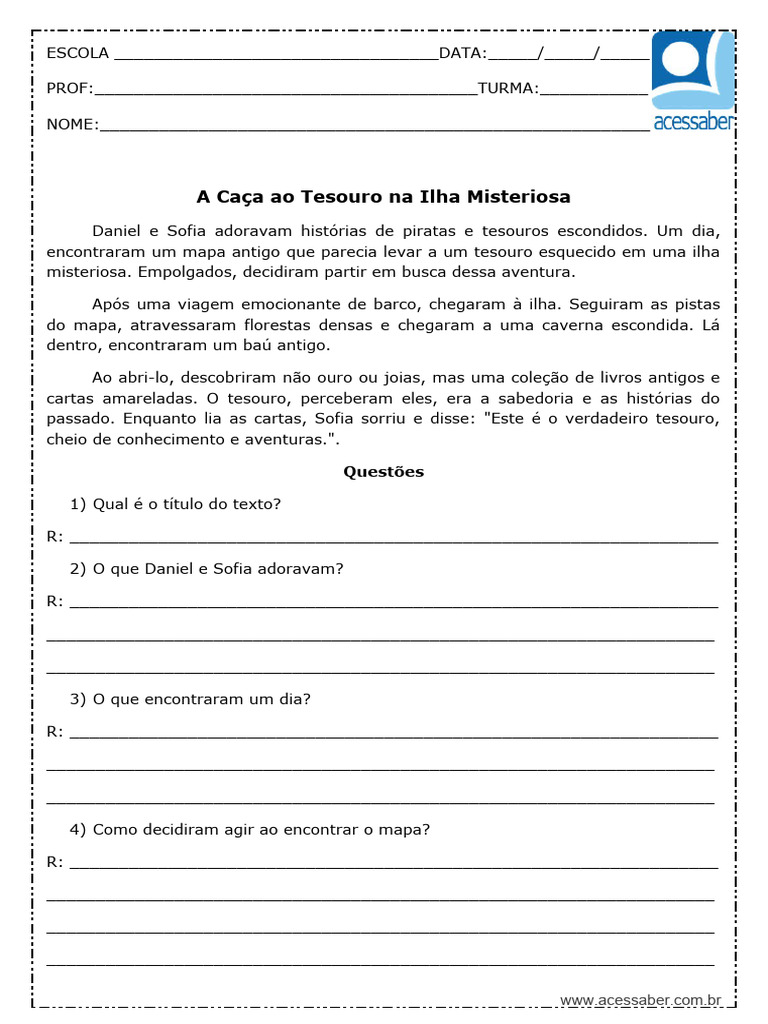 Interpretacao de Texto a Caca Ao Tesouro Na Ilha Misteriosa 3 Ano e 4 ...