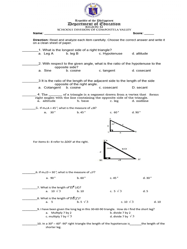 Right Triangle and Trigonometry Quiz | PDF | Trigonometric Functions ...