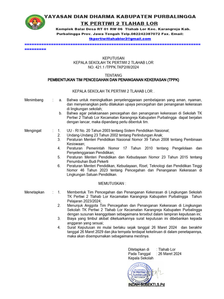 (Panduanmengajar - Com) SK Tim Pencegahan Dan Penanganan Kekerasan Di Lingkungan Satuan ...