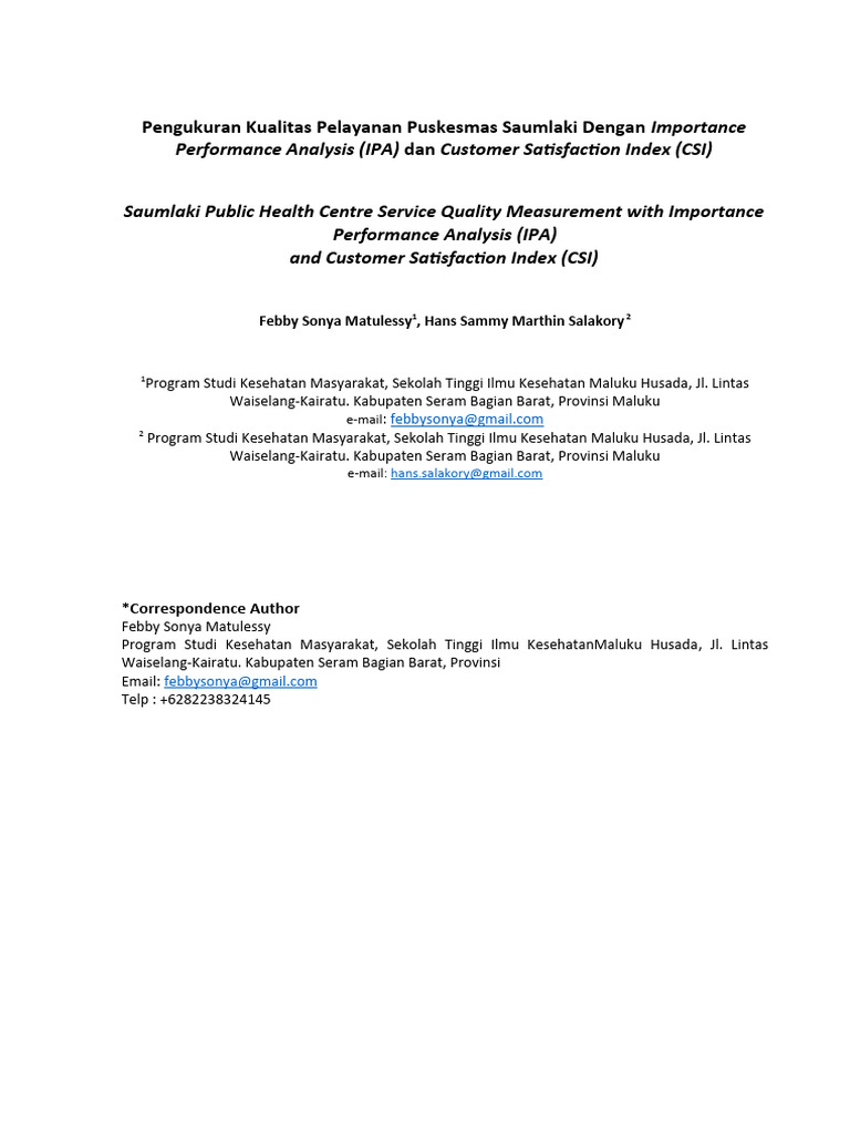 IKESMA Pengukuran Kualitas Pelayanan Puskesmas Saumlaki Dengan Importance Performance Analysis ...