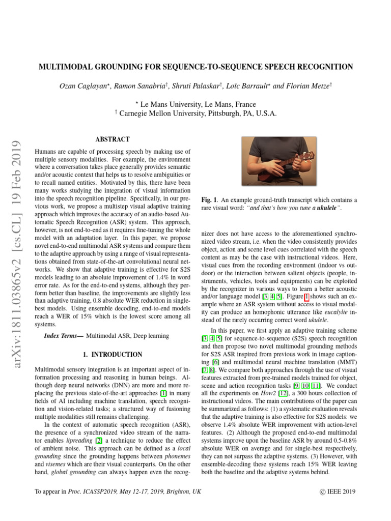 Multimodal Grounding For Sequence-To-Sequence Speech Recognition | Download Free PDF | Speech ...