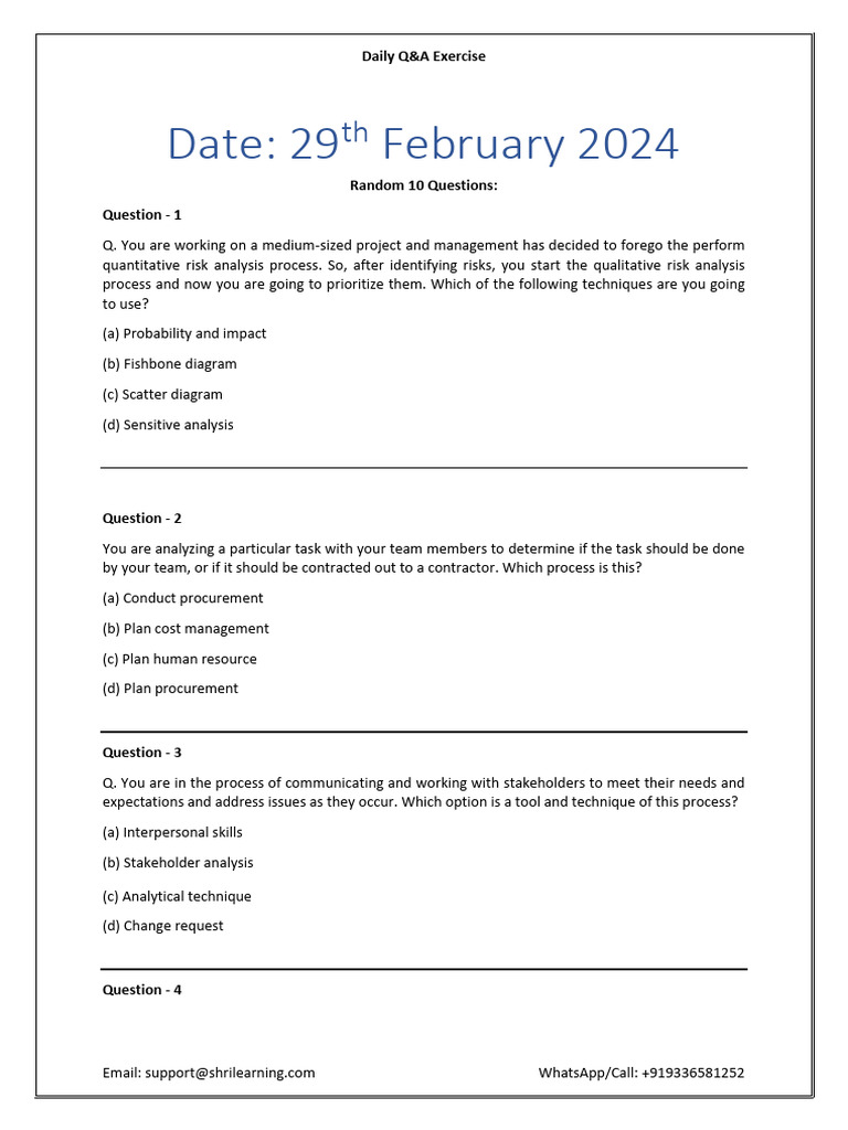 29th February_24 - PMP Question file - Daily Q&A | PDF | Project ...