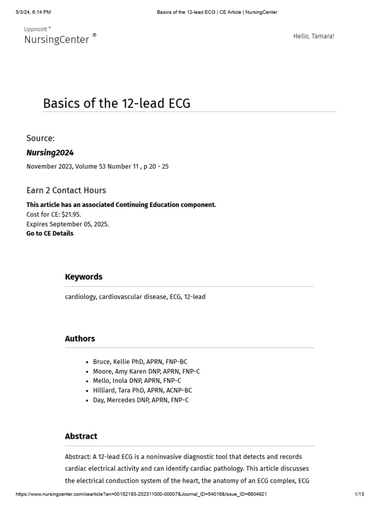 Basics of The 12-Lead ECG - CE Article - NursingCenter | PDF ...