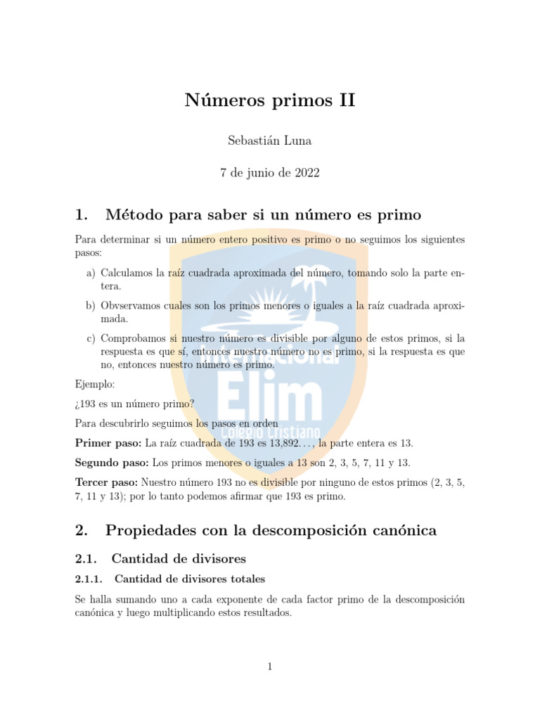 N Meros Primos II Semana 6 1ro y 2do | PDF | Número primo | Exponenciación