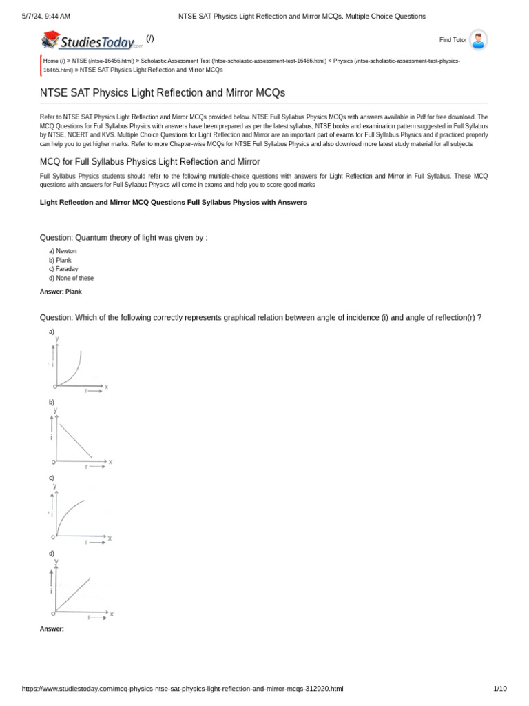 NTSE SAT Physics Light Reflection and Mirror MCQs, Multiple Choice ...