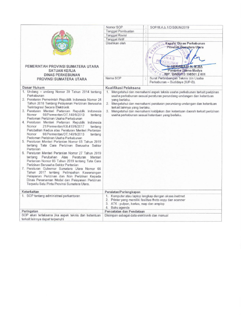 SOP Izin Usaha Perkebunan Budidaya | PDF