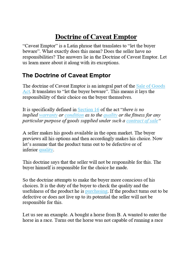 Doctrine of Caveat Emptor | PDF | Implied Warranty | Sales