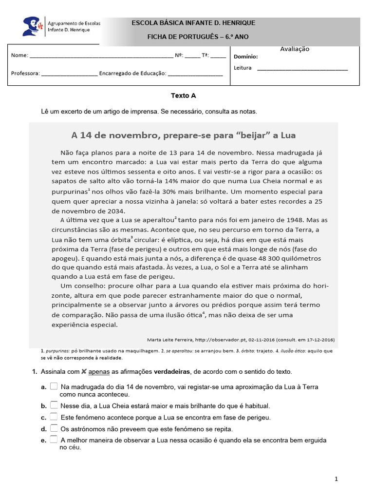 Ficha de Leitura 6º 2ºP | PDF | Lua | Terra