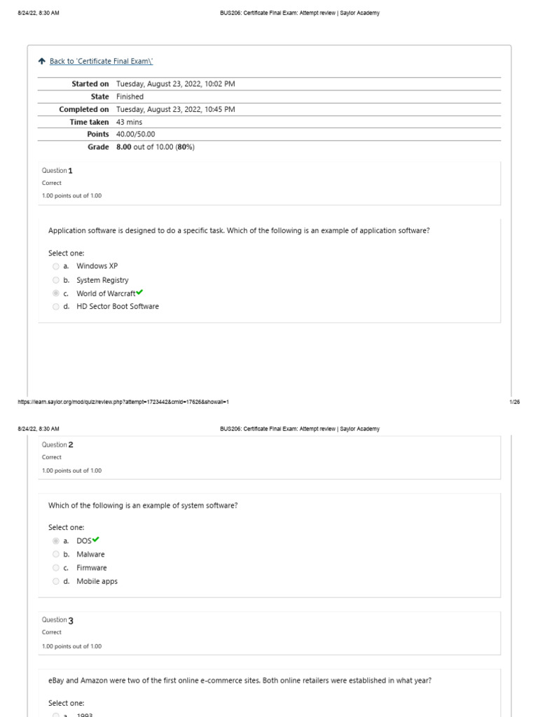 BUS206 - Certificate Final Exam - Attempt Review - Saylor Academy | PDF | Internet | Databases