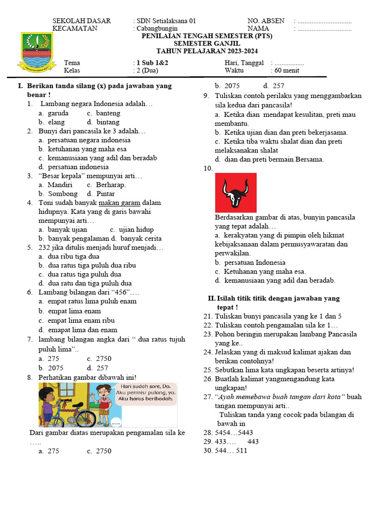Soal PTS Kelas 2 Tema 1 Sub 1&2 | PDF