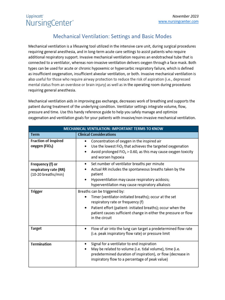 Pocket Card Mechanical Ventilation Settings and Basic Modes November ...