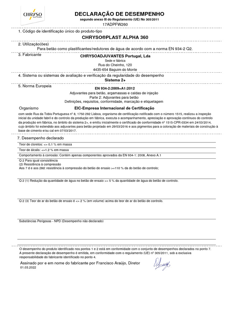 DD - Chryso Plast Alpha 360 | PDF