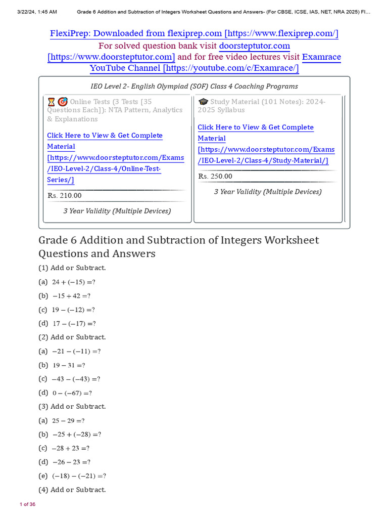 Grade 6 Addition And Subtraction Of Integers Pdf Numbers Subtraction