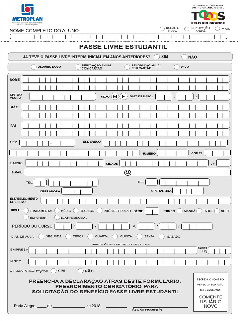 Formulário Passe Livre Metroplan | PDF