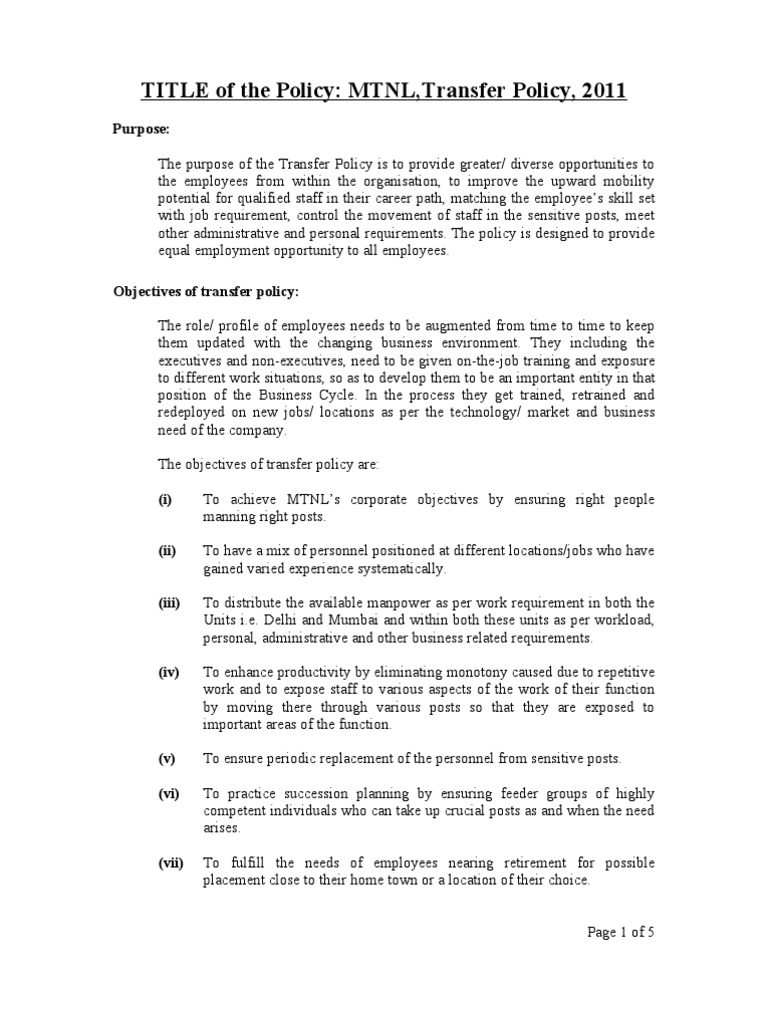 MTNL Employee Transfer Policy 2011 | PDF | Succession Planning | Policy