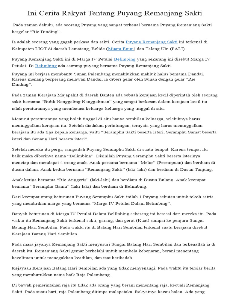 Ini Cerita Rakyat Tentang Puyang Remanjang Sakti | PDF
