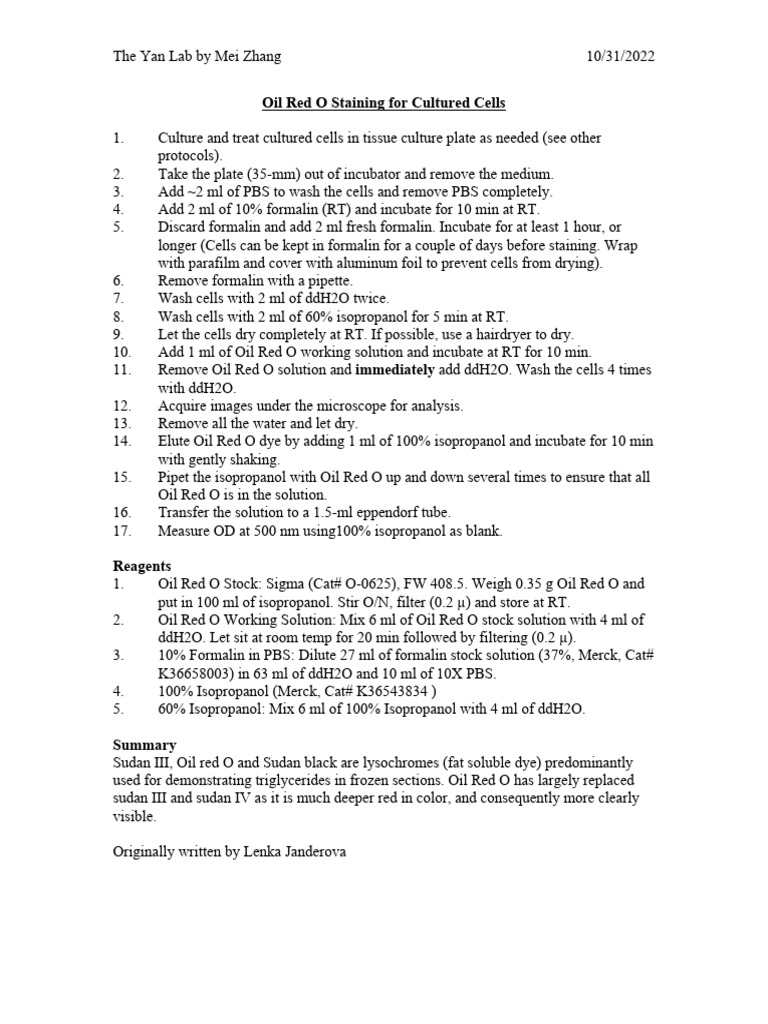 Oil Red O Staining Protocol for Cells | PDF | Wellness | Science ...