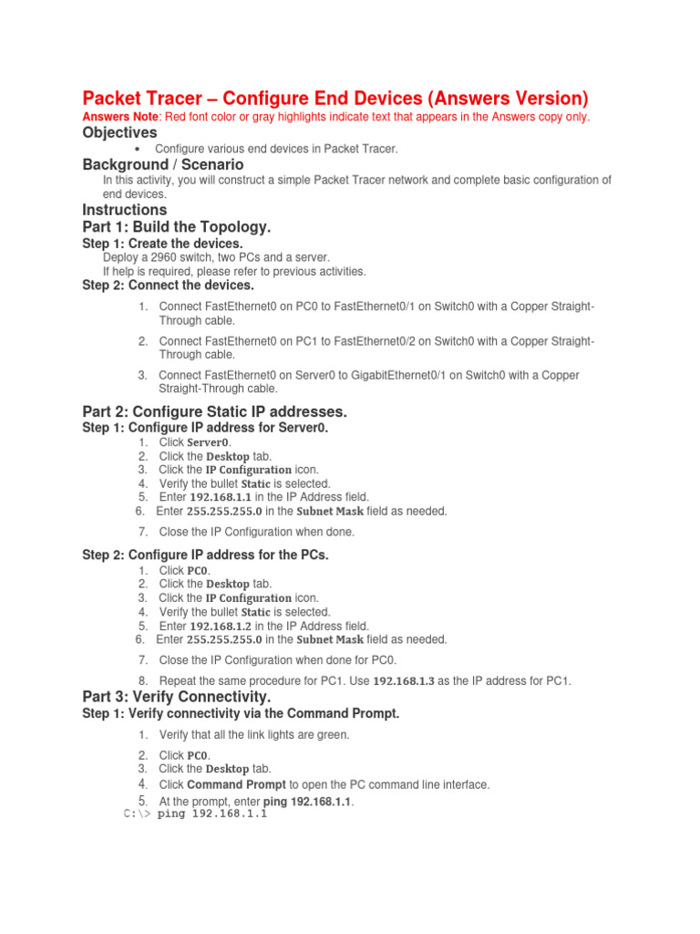 Packet Tracer – Configure End Devices (Answers Version) | PDF | Command ...
