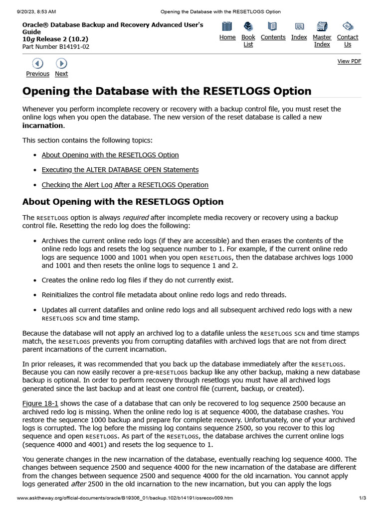 Opening the Database With the RESETLOGS Option | PDF | Backup | Databases