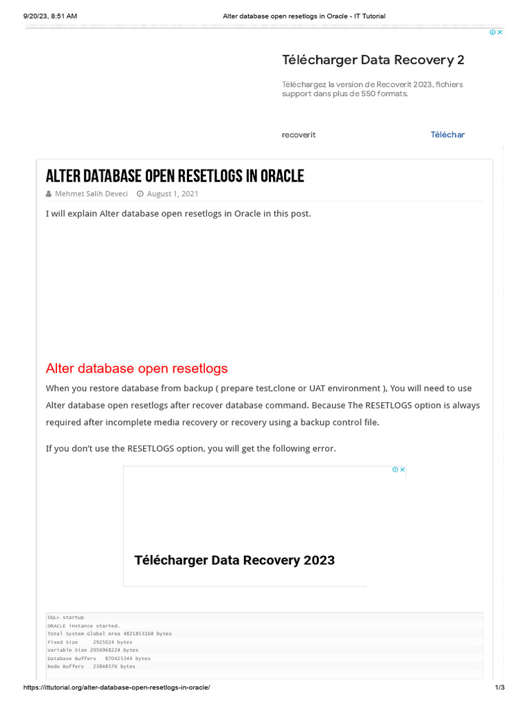 Oracle Resetlogs Command Guide | PDF | Information Retrieval | Databases