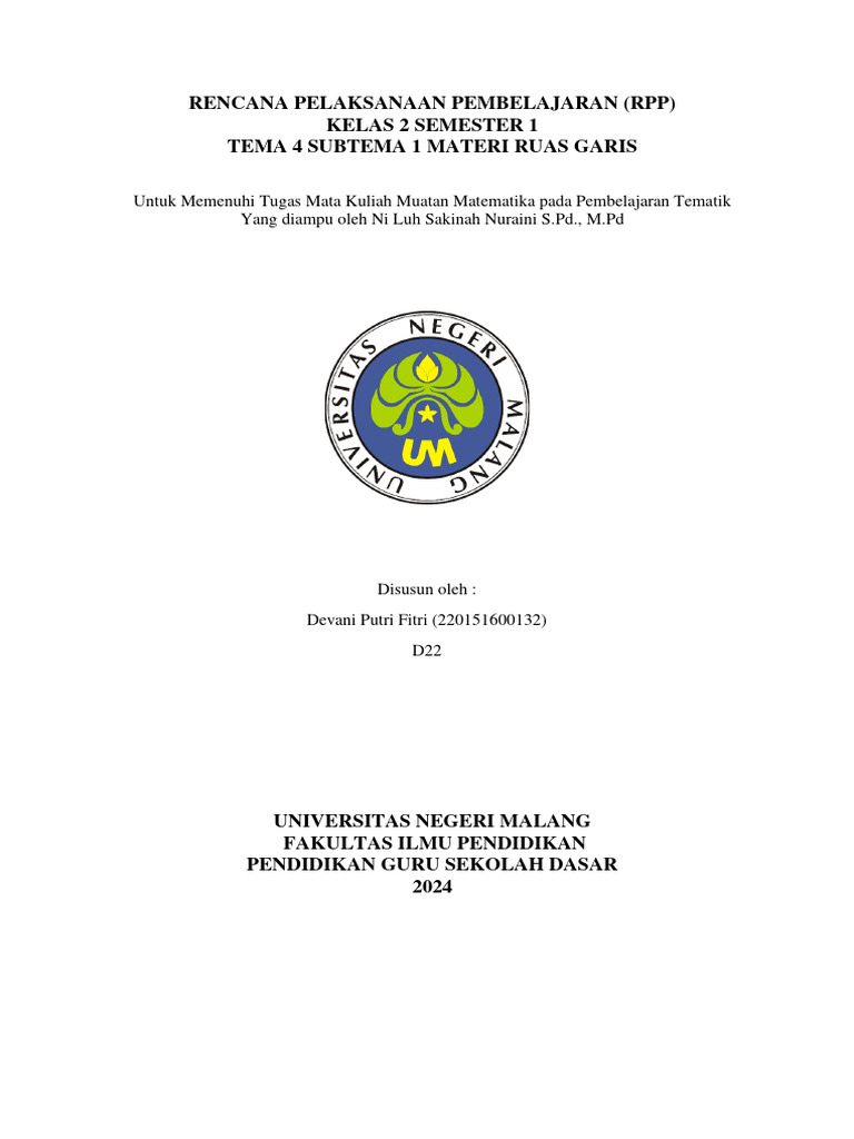 Devani Putri Fitri - 220151600132 - Uts RPP Kelas 2 Tema 4 Mat | PDF