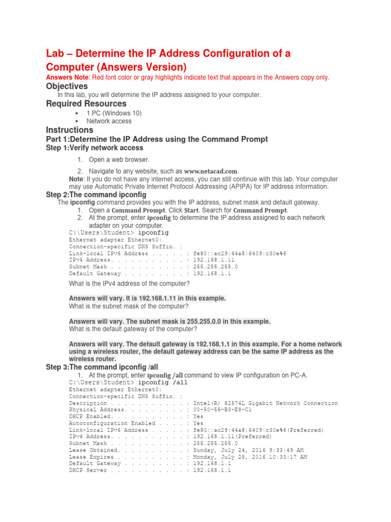 Determine The IP Address Configuration of A Computer (Answers Version ...