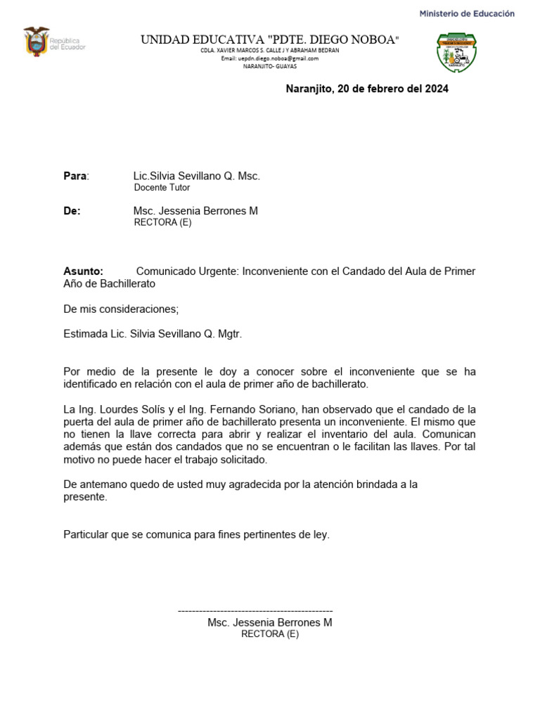 Inconveniente con Candado Aula 1er Año | PDF | Salud y bienestar