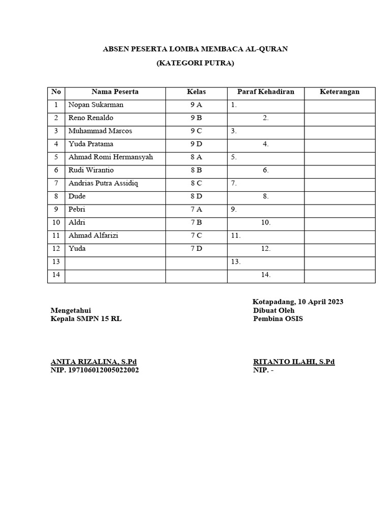 Absen Peserta Lomba | PDF