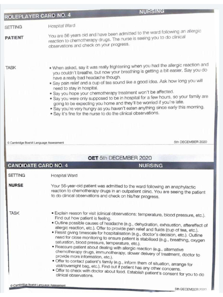 OET Nursing Speaking Role Play Samples | PDF | Health Care | Clinical ...