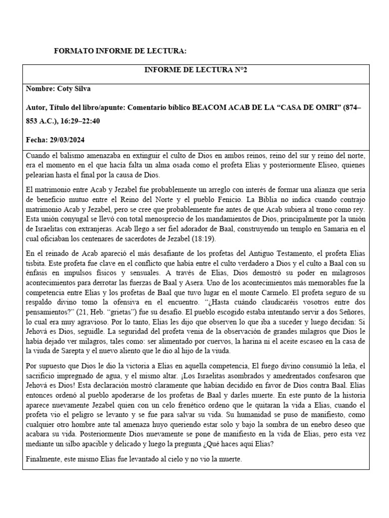 Informe de Lectura Itv Nº2 | PDF | Elijah | Creencia religiosa y doctrina