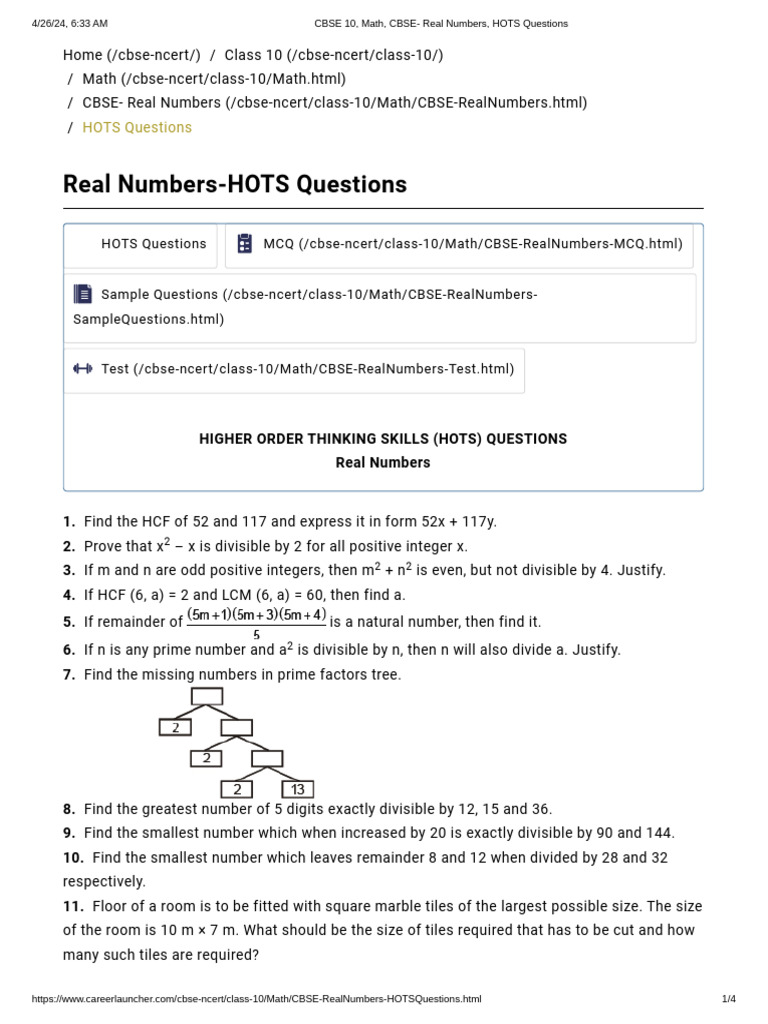 CBSE 10, Math, CBSE - Real Numbers, HOTS Questions | PDF | Mathematics ...