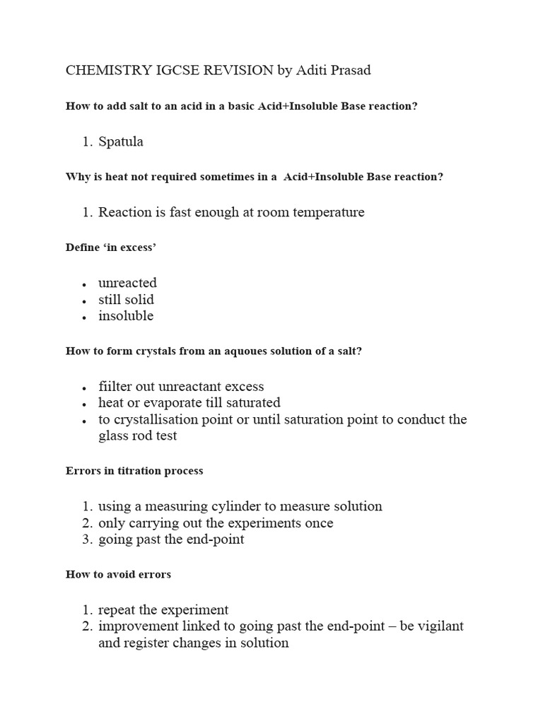 CHEMISTRY IGCSE REVISION by Aditi Prasad | PDF | Solubility | Chlorine