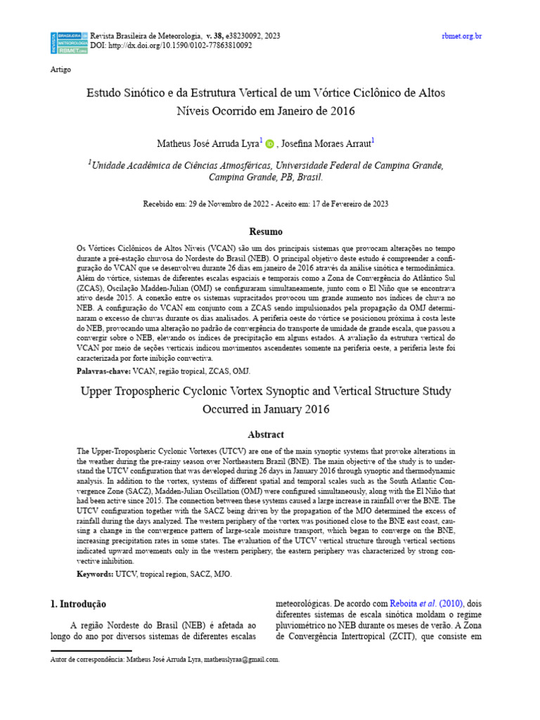 Estudo Sinótico e Da Estrutura Vertical de Um Vórtice Ciclônico de ...