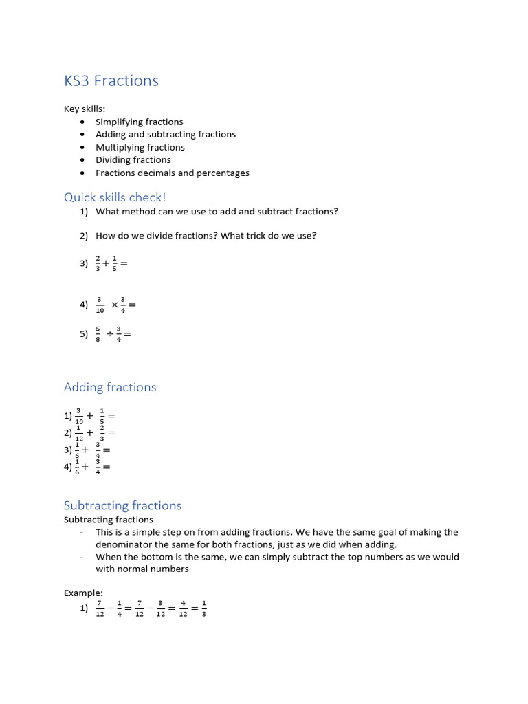 KS3 Fractions: Key Skills Guide | PDF | Career & Growth | Teaching ...