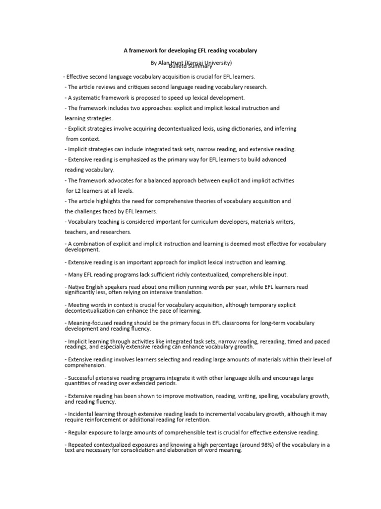 A Framework For EFL Bulleted Summary | Download Free PDF | English As A ...