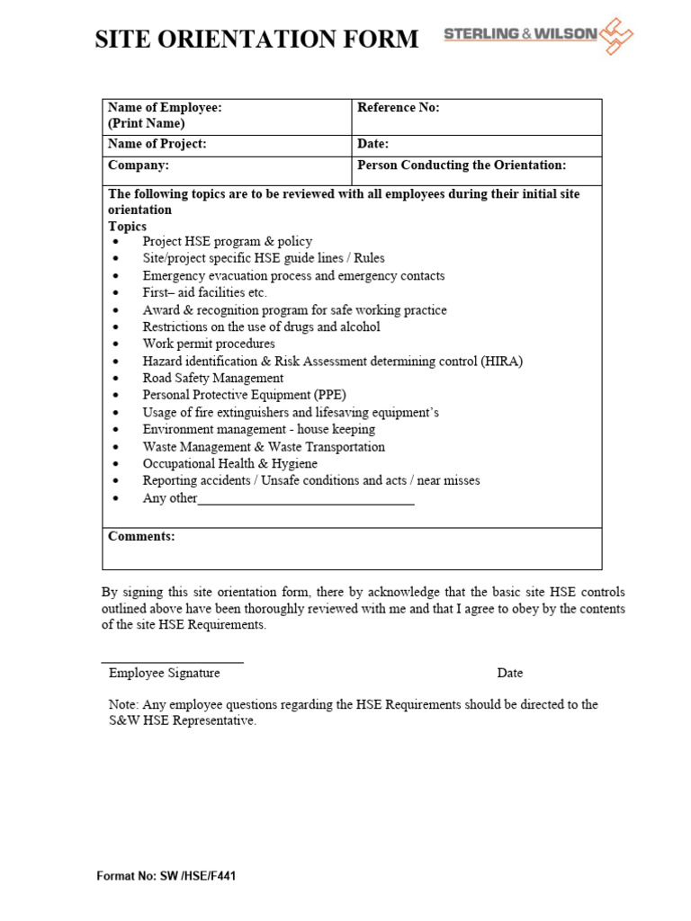 HSE Site Orientation Form | PDF