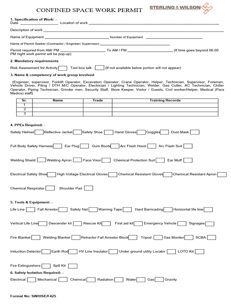 Confined Space Work Permit Template | PDF | Welding | Construction