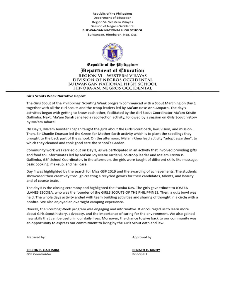 Girls Scouts Week Narrative Report | PDF | Wellness