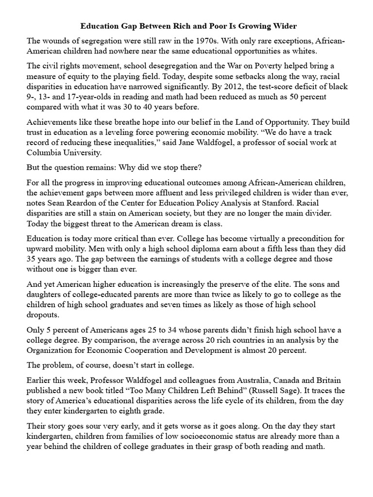 Education Gap Between Rich and Poor Is Growing Wider | PDF | Economic ...