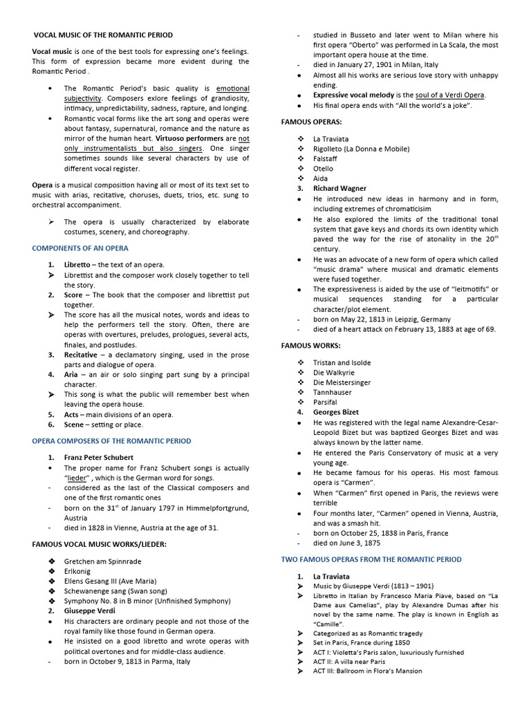 Romantic Period Vocal Music Overview | PDF | Singing | Opera