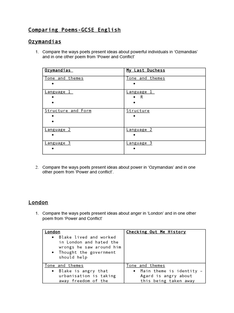 Comparing Poems GCSE English Literature Power and Conflict | PDF | Poetry