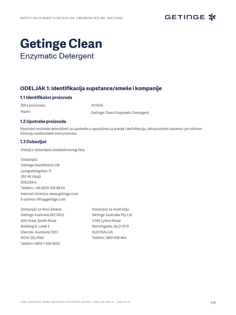 Msds Enzymatic Detergent xv1559 Rs Reve | PDF