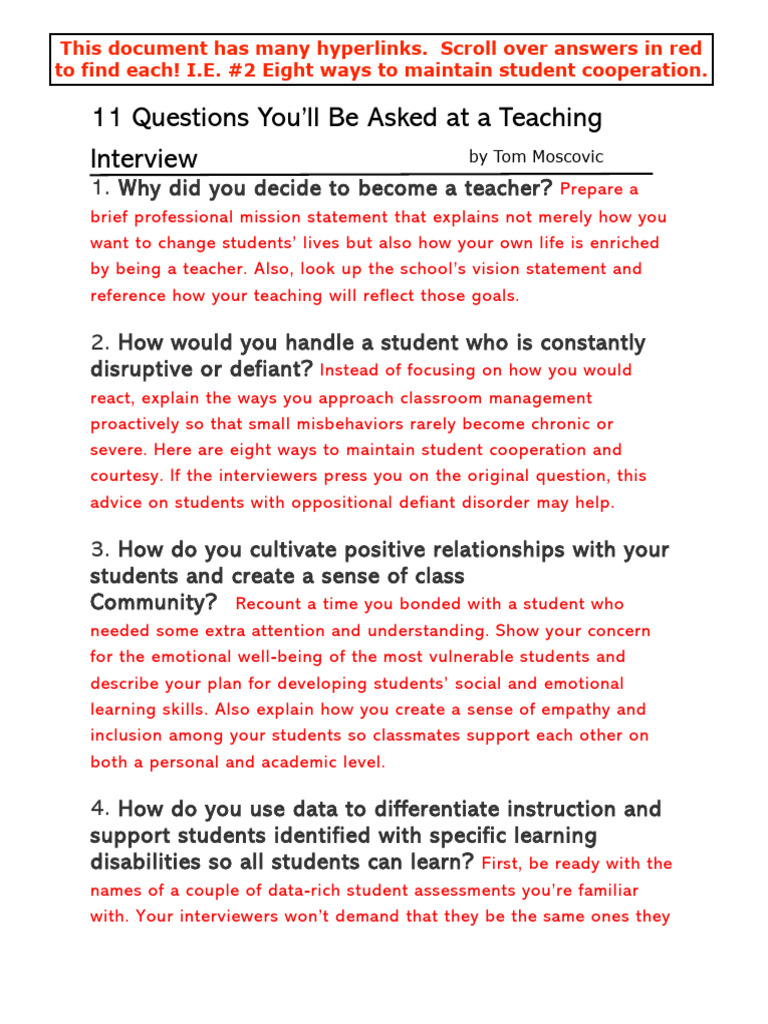 Teaching Interview Questions Guide | PDF | Learning | Behavior Modification