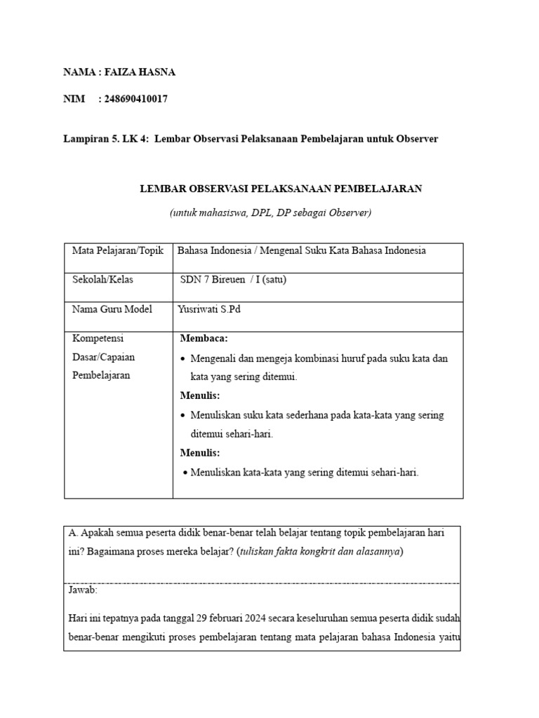 LK 4 Lembar Observasi Pelaksanaan Pembelajaran Untuk Observer (PPL) | PDF | Karier & Perkembangan