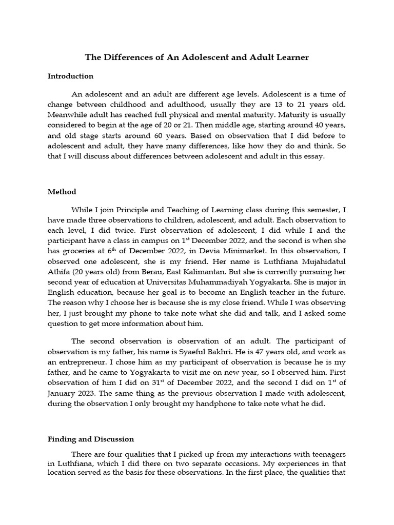 Essay: The Differences of An Adolescent and Adult Learner | PDF ...
