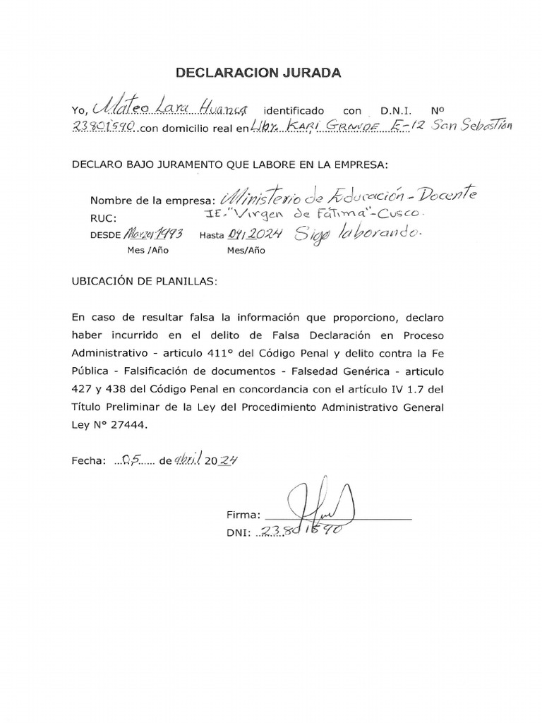 Declaracion Jurada | PDF